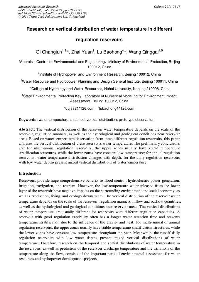 Research on Vertical Distribution of Water Temperature in Different ...