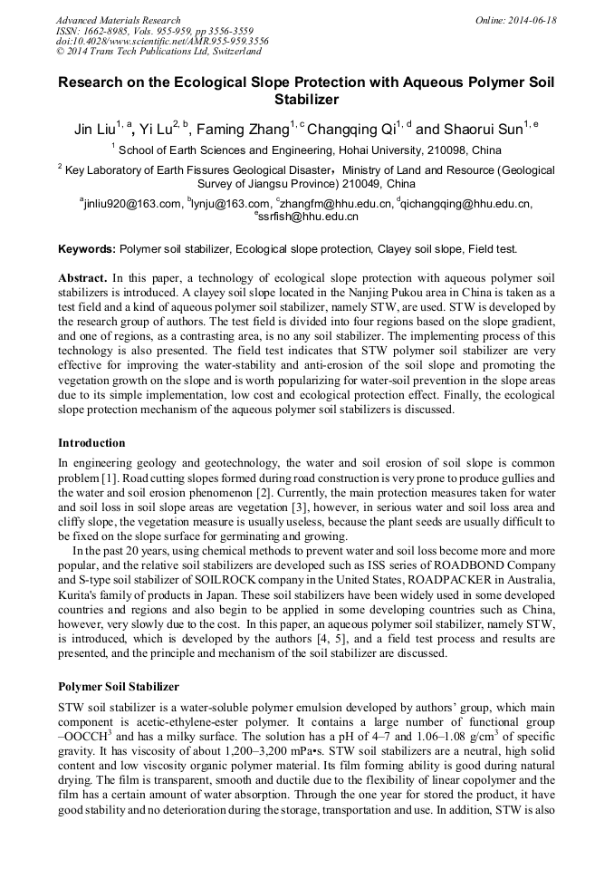 Research on the Ecological Slope Protection with Aqueous Polymer Soil ...
