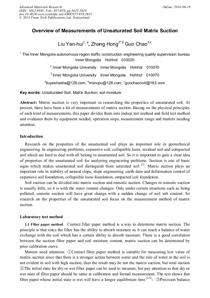 Overview of Measurements of Unsaturated Soil Matrix Suction ...