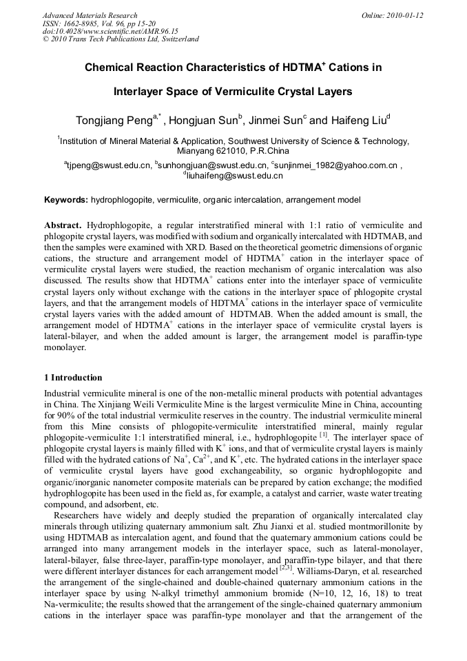 Chemical Reaction Characteristics of HDTMA+ Cations in Interlayer Space ...