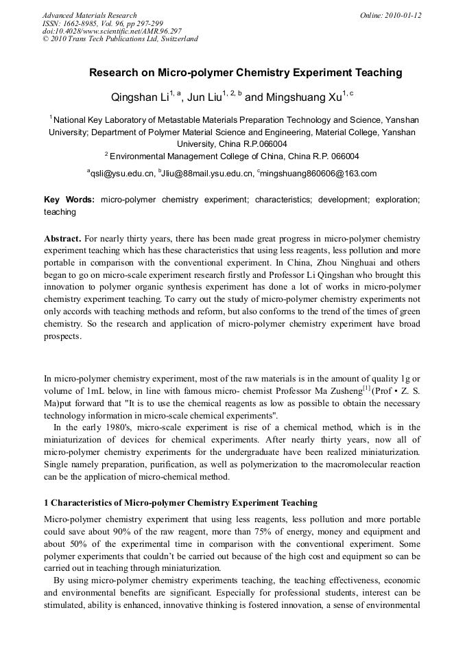 Research on Micro-Polymer Chemistry Experiment Teaching | Scientific.Net