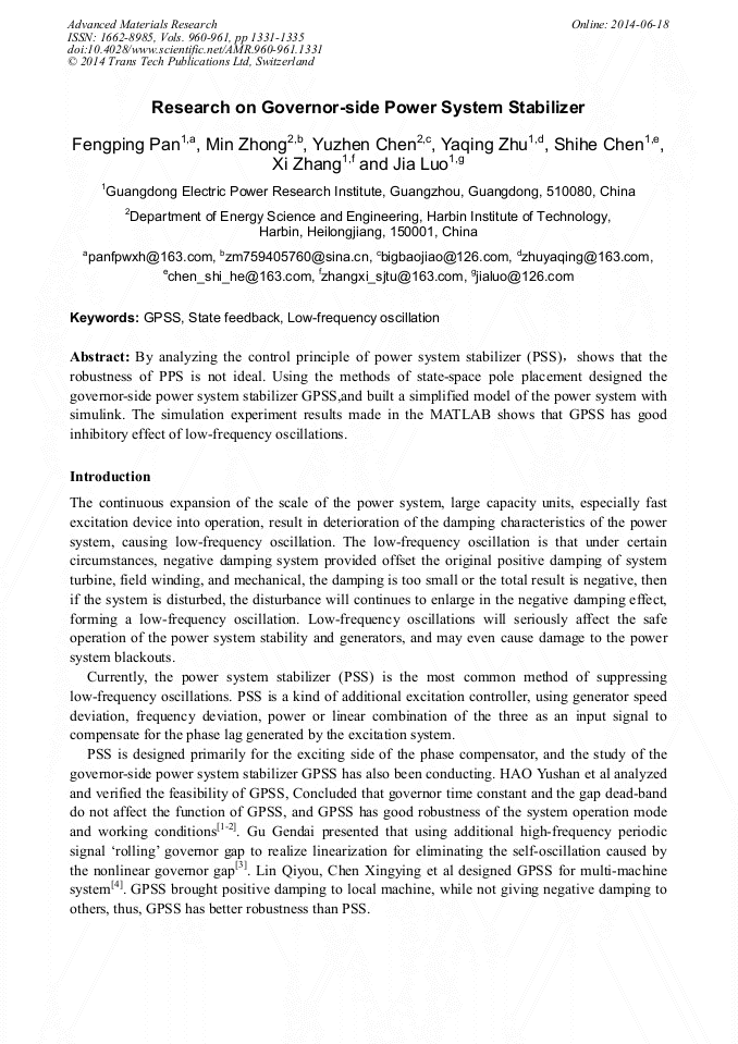Research on Governor-Side Power System Stabilizer | Scientific.Net
