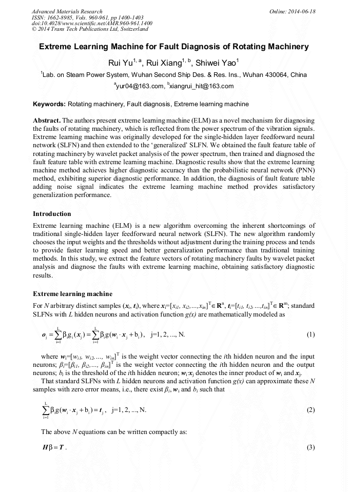 Extreme Learning Machine for Fault Diagnosis of Rotating Machinery ...