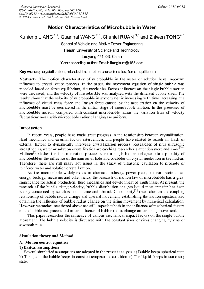 Motion Characteristics of Microbubble in Water | Scientific.Net