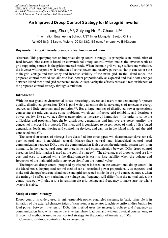 An Improved Droop Control Strategy for Microgrid Inverter | Scientific.Net