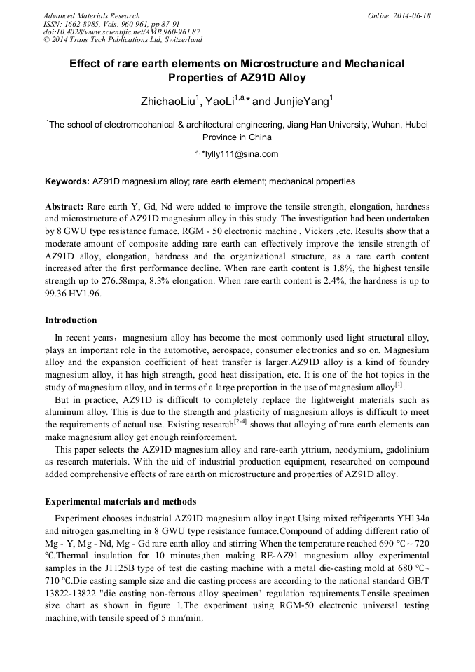 Effect of Rare Earth Elements on Microstructure and Mechanical Properties of AZ91D Alloy ...