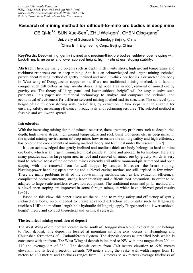 Research of Mining Method for Difficult-to-Mine Ore Bodies in Deep Mine ...