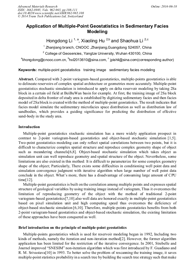 Application of Multiple-Point Geostatistics in Sedimentary Facies ...