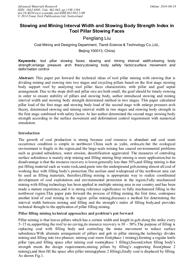Stowing and Mining Interval Width and Stowing Body Strength Index in ...