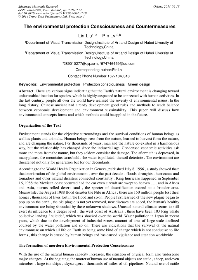 The Environmental Protection Consciousness and Countermeasures ...
