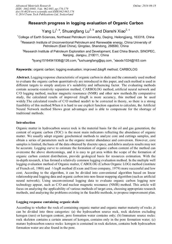 Research Progress in Logging Evaluation of Organic Carbon | Scientific.Net