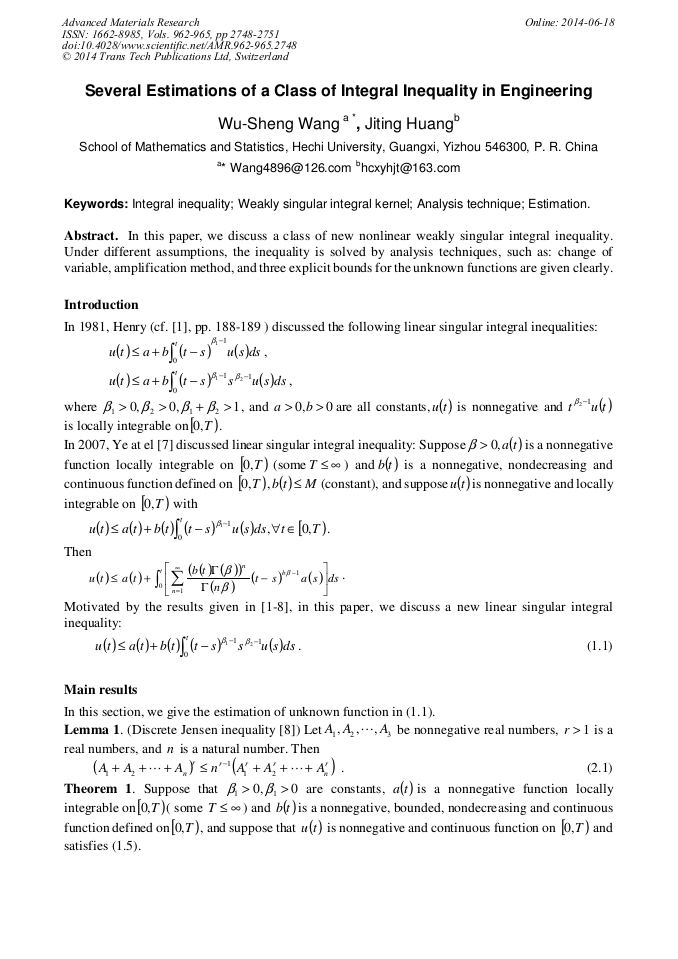 Several Estimations of a Class of Integral Inequality in Engineering ...