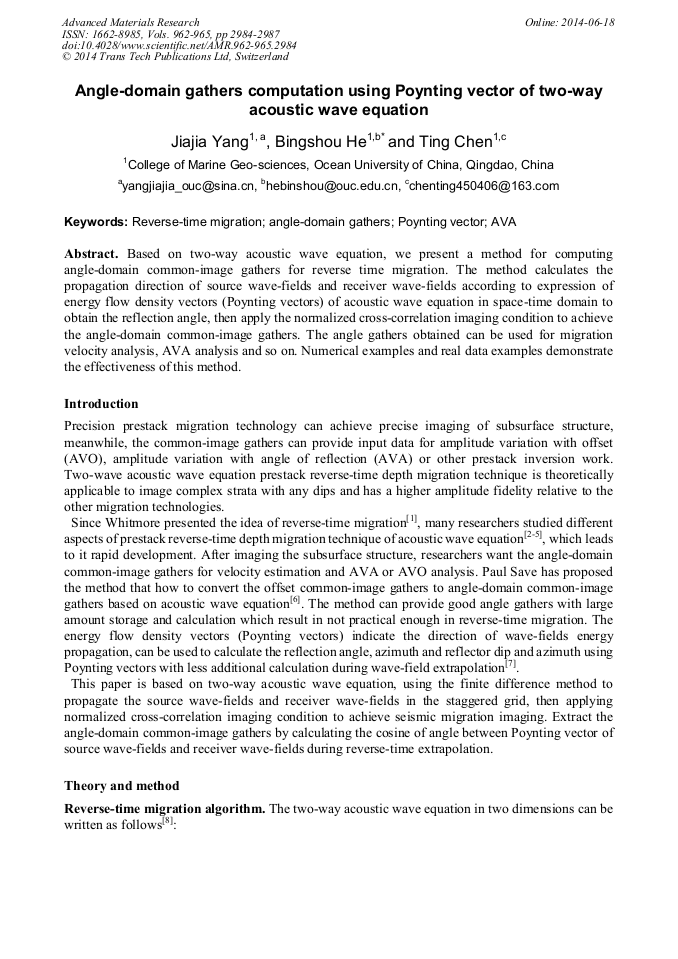 Angle-Domain Gathers Computation Using Poynting Vector of Two-Way Acoustic Wave Equation ...