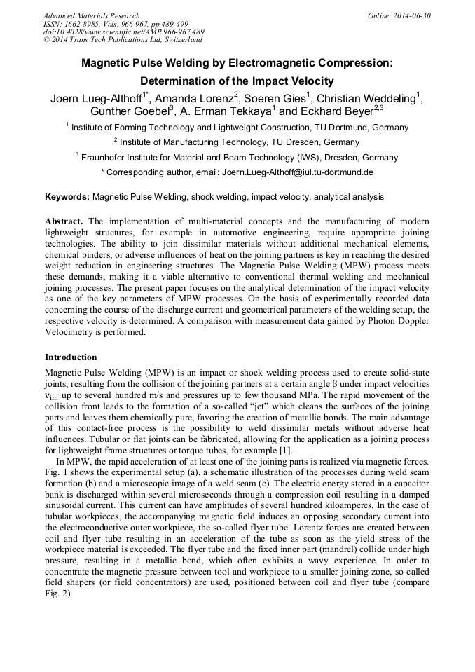 Magnetic Pulse Welding by Electromagnetic Compression: Determination of ...