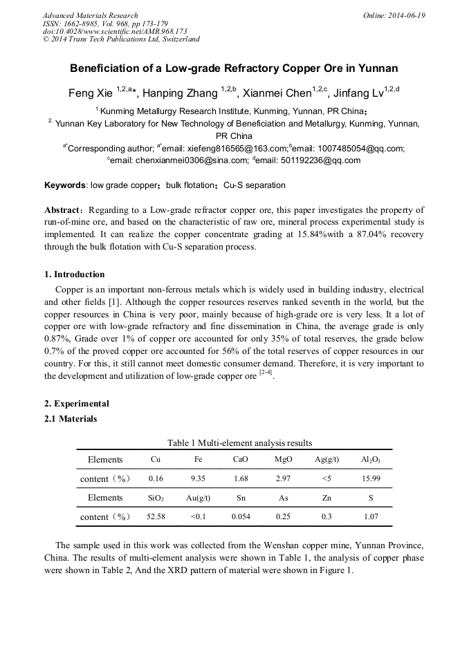 Beneficiation of a Low-Grade Refractory Copper Ore in Yunnan ...