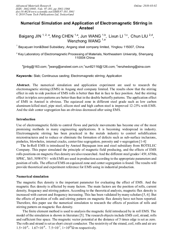 Numerical Simulation and Application of Electromagnetic Stirring in ...