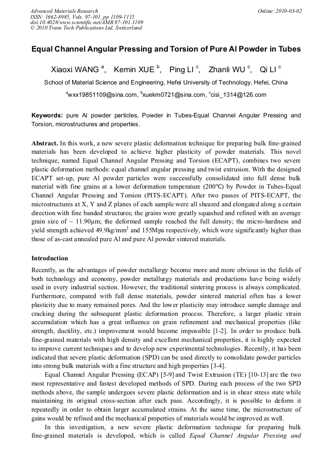 Equal Channel Angular Pressing and Torsion of Pure Al Powder in Tubes ...
