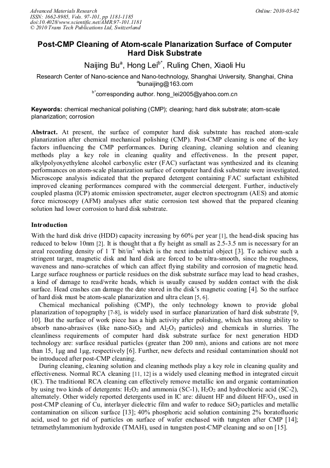 Post-CMP Cleaning of Atom-Scale Planarization Surface of Computer Hard ...