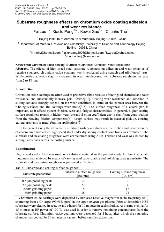 Substrate Roughness Effects on Chromium Oxide Coating Adhesion and Wear ...