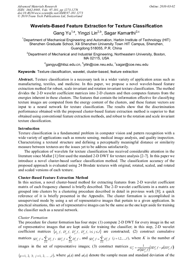 Wavelets-Based Feature Extraction for Texture Classification | Scientific.Net