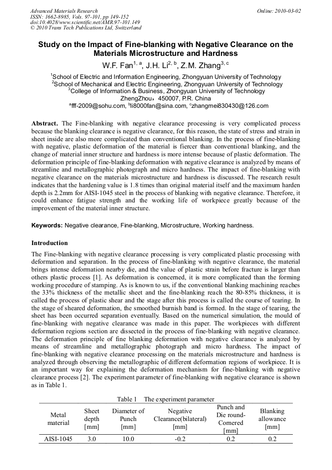 Study on the Impact of Fine-Blanking with Negative Clearance on the ...