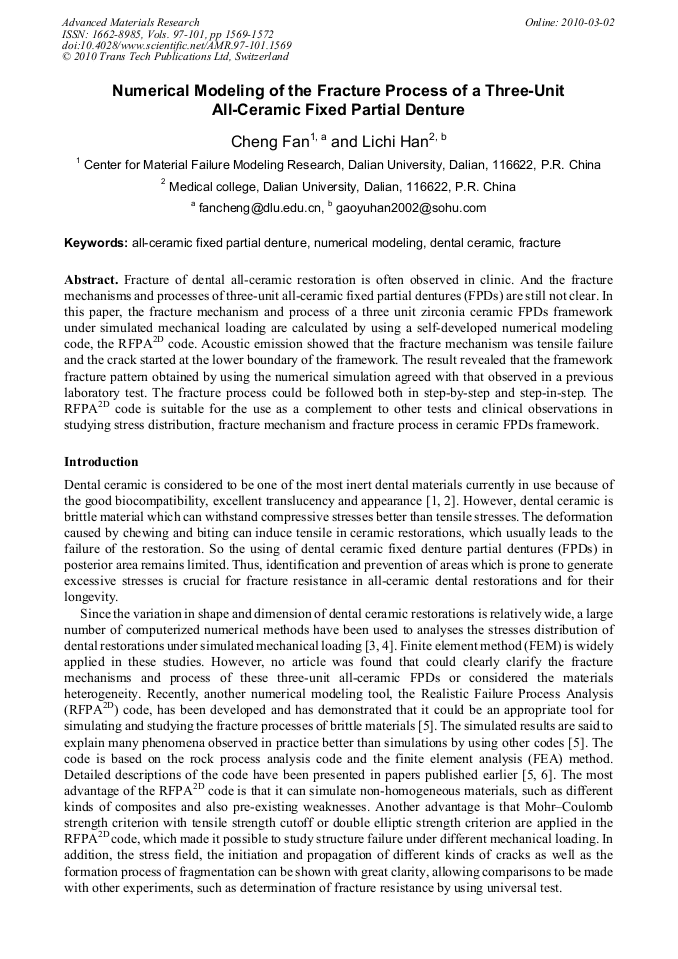 Numerical Modeling Of The Fracture Process Of A Three Unit All Ceramic