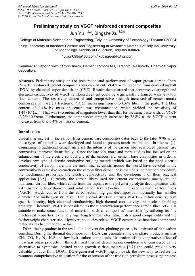 Preliminary Study on VGCF Reinforced Cement Composites | Scientific.Net