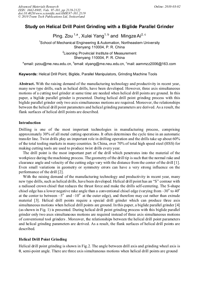Study on Helical Drill Point Grinding with a Biglide Parallel Grinder | Scientific.Net