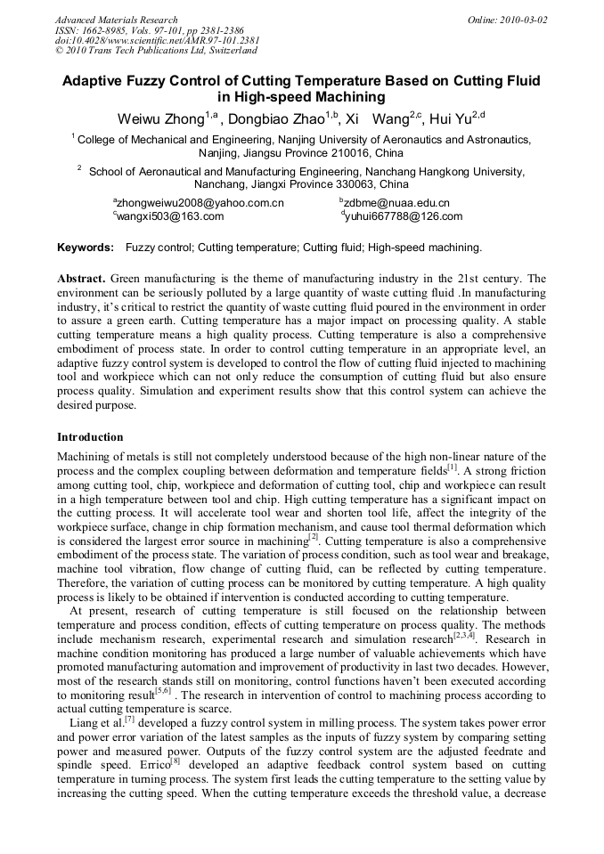 Adaptive Fuzzy Control of Cutting Temperature Based on Cutting Fluid in ...