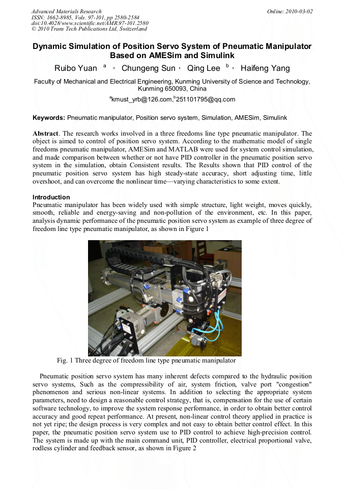 Dynamic Simulation of Position Servo System of Pneumatic Manipulator ...