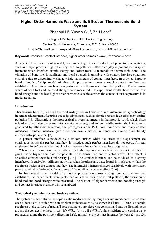 Higher Order Harmonic Wave and its Effect on Thermosonic Bond System ...