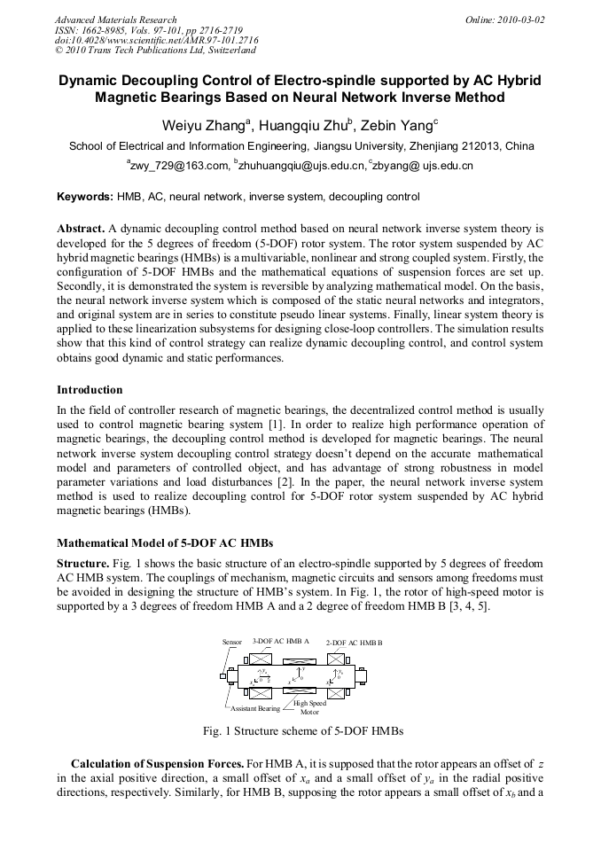 Dynamic Decoupling Control of Electro-Spindle Supported by AC Hybrid Magnetic Bearings Based on ...