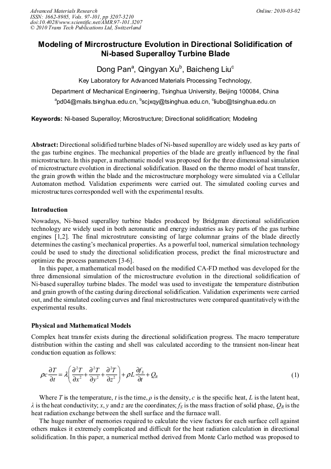 Modeling of Mircrostructure Evolution in Directional Solidification of ...