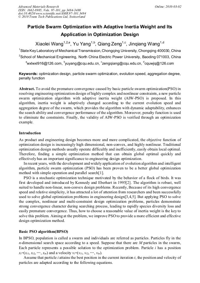 Particle Swarm Optimization with Adaptive Inertia Weight and its ...