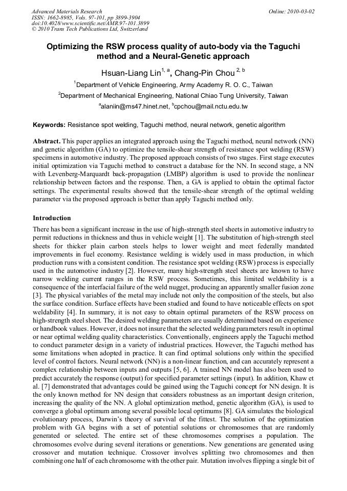 Optimizing the RSW Process Quality of Auto-Body via the Taguchi Method ...