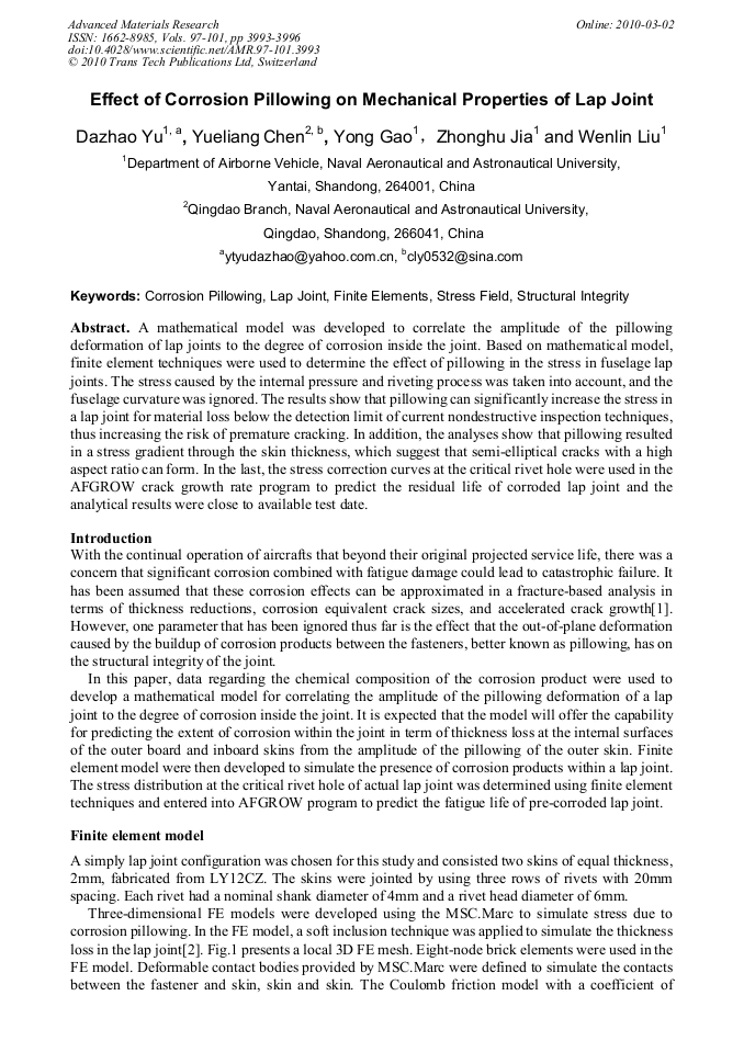 Effect of Corrosion Pillowing on Mechanical Properties of Lap Joint ...