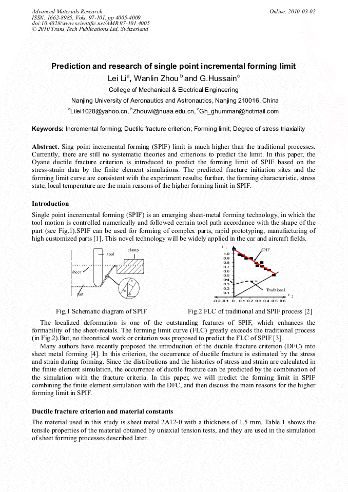 Prediction and Research of Single Point Incremental Forming Limit | Scientific.Net