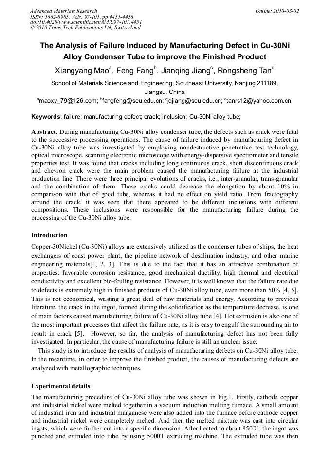 The Analysis of Failure Induced by Manufacturing Defect in Cu-30Ni ...