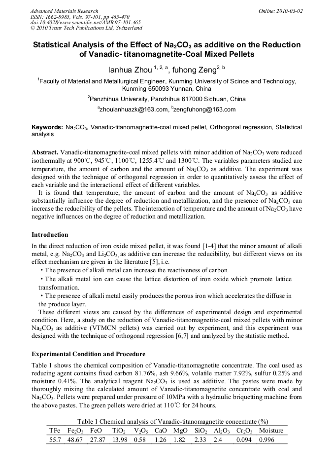 Statistical Analysis of the Effect of Na2CO3 as Additive on the ...