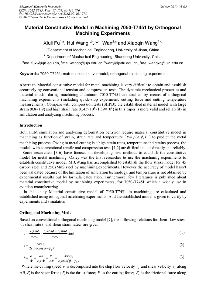 Material Constitutive Model in Machining 7050-T7451 by Orthogonal ...