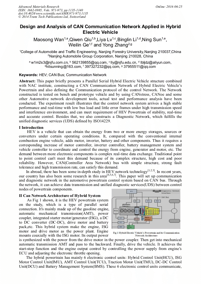 Design and Analysis of CAN Communication Network Applied in Hybrid ...