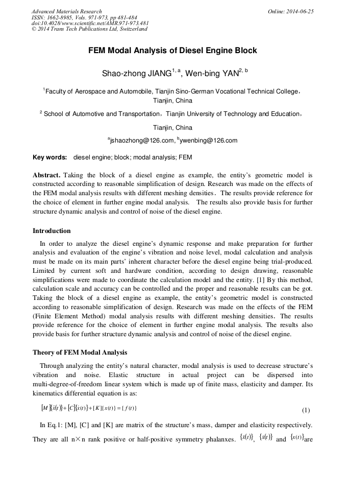 FEM Modal Analysis of Diesel Engine Block | Scientific.Net