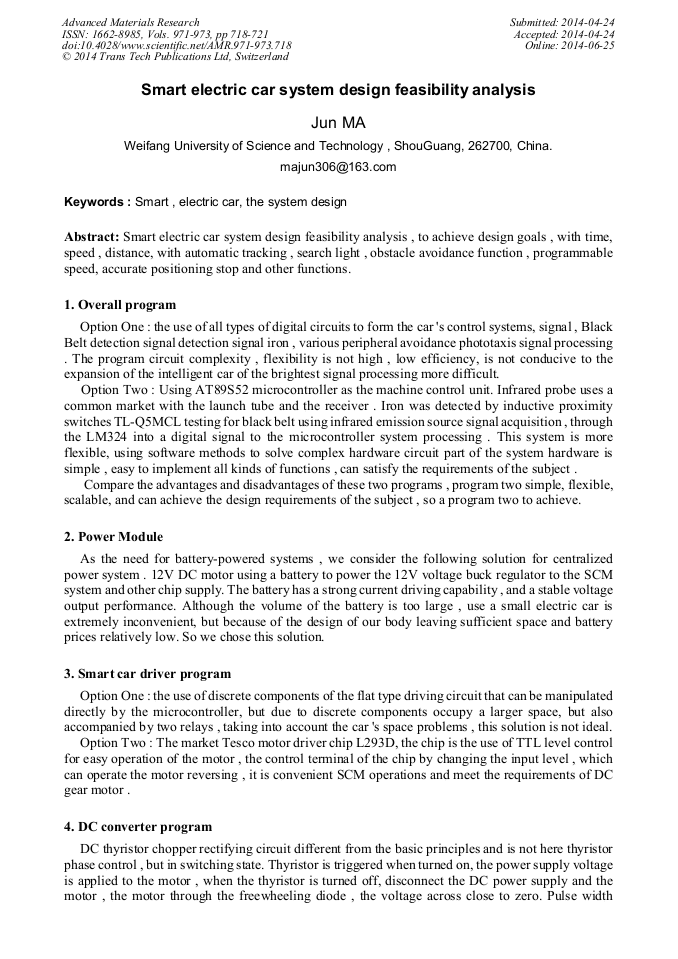 Smart Electric Car System Design Feasibility Analysis | Scientific.Net