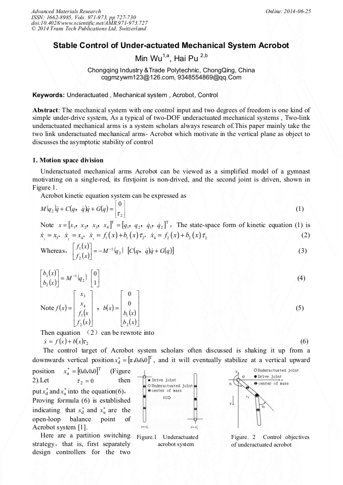 Stable Control of Under-Actuated Mechanical System Acrobot | Scientific.Net