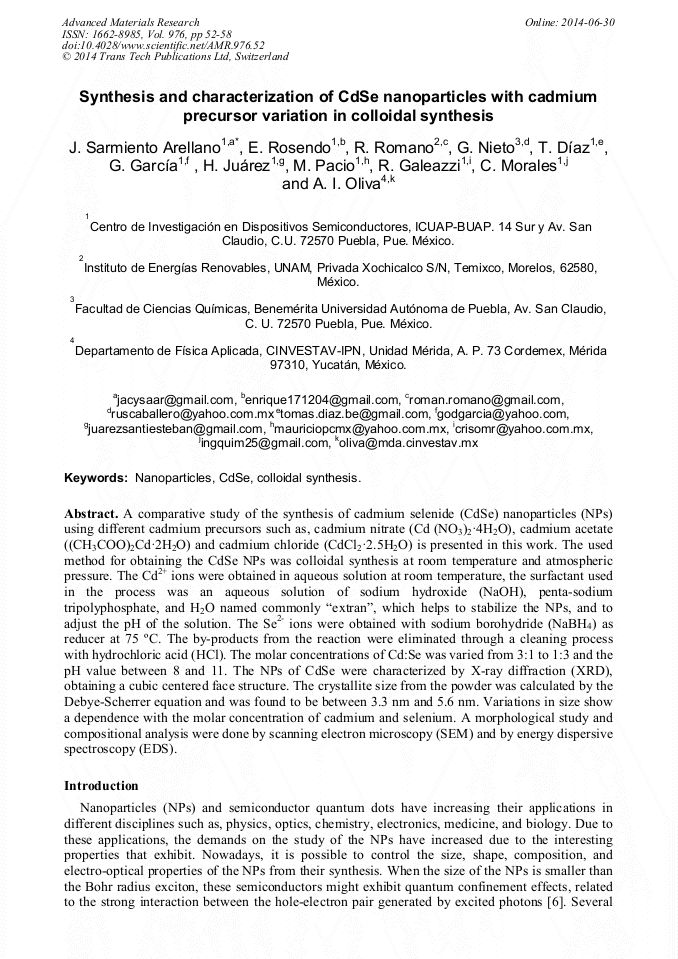 Synthesis and Characterization of CdSe Nanoparticles with Cadmium ...