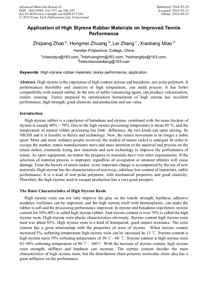 Application of High Styrene Rubber Materials on Improved Tennis ...