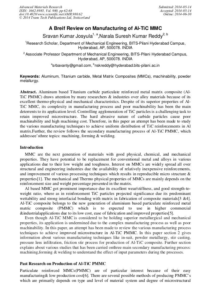 A Breif Review on Manufacturing of Al-TiC MMC | Scientific.Net