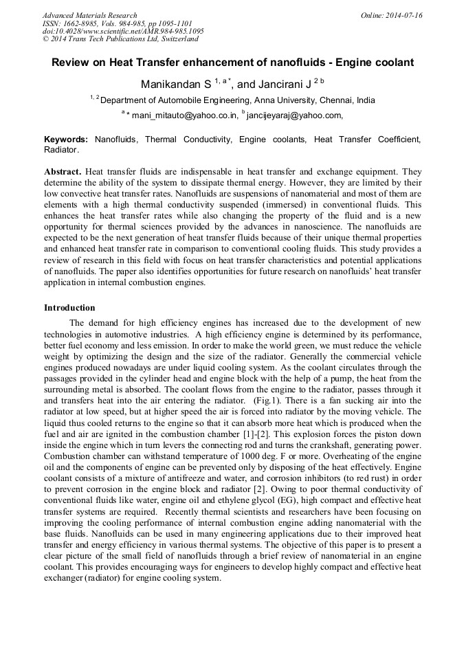 Review on Heat Transfer Enhancement of Nanofluids - Engine Coolant ...