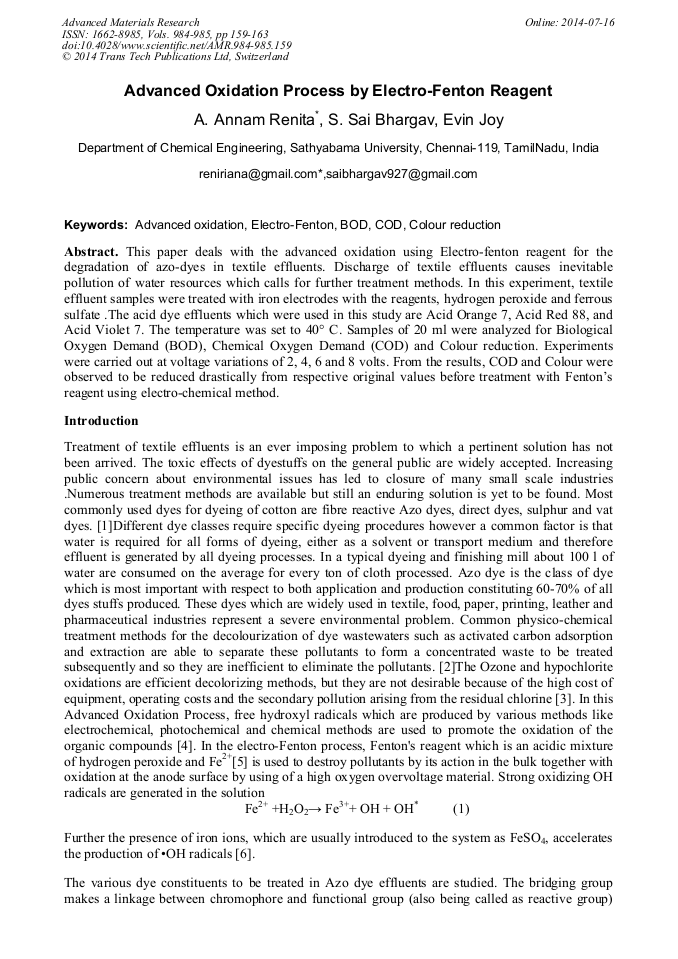 Advanced Oxidation Process by Electro-Fenton Reagent | Scientific.Net