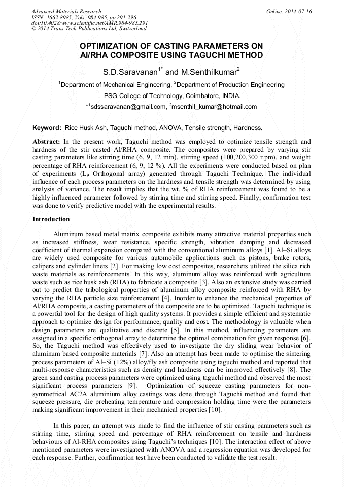Optimization of Casting Parameters on Al/RHA Composite Using Taguchi Method | Scientific.Net